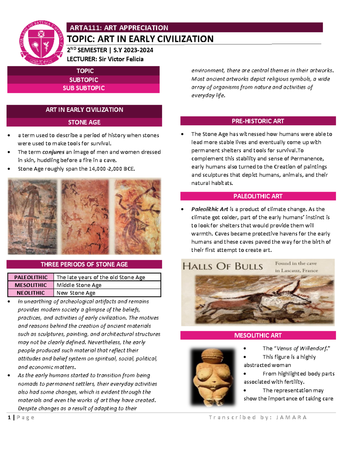 2 ART IN Early Civilization - 1 | P a g e T r a n s c r i b e d b y : J ...