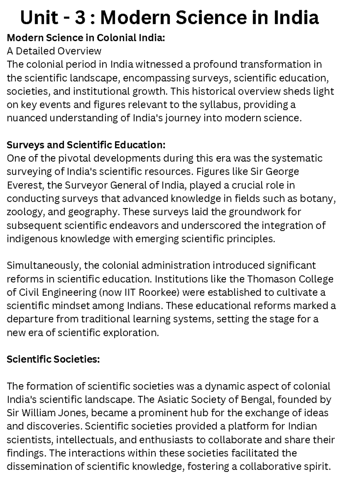 UNIT 3 & UNIT 4 history - Unit - 3 : Modern Science in India Modern ...