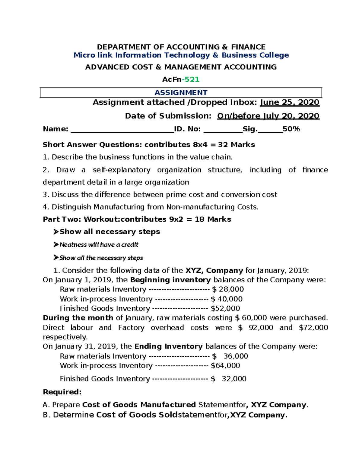 Assignment on ACM Acct Mid June 2020 - DEPARTMENT OF ACCOUNTING ...
