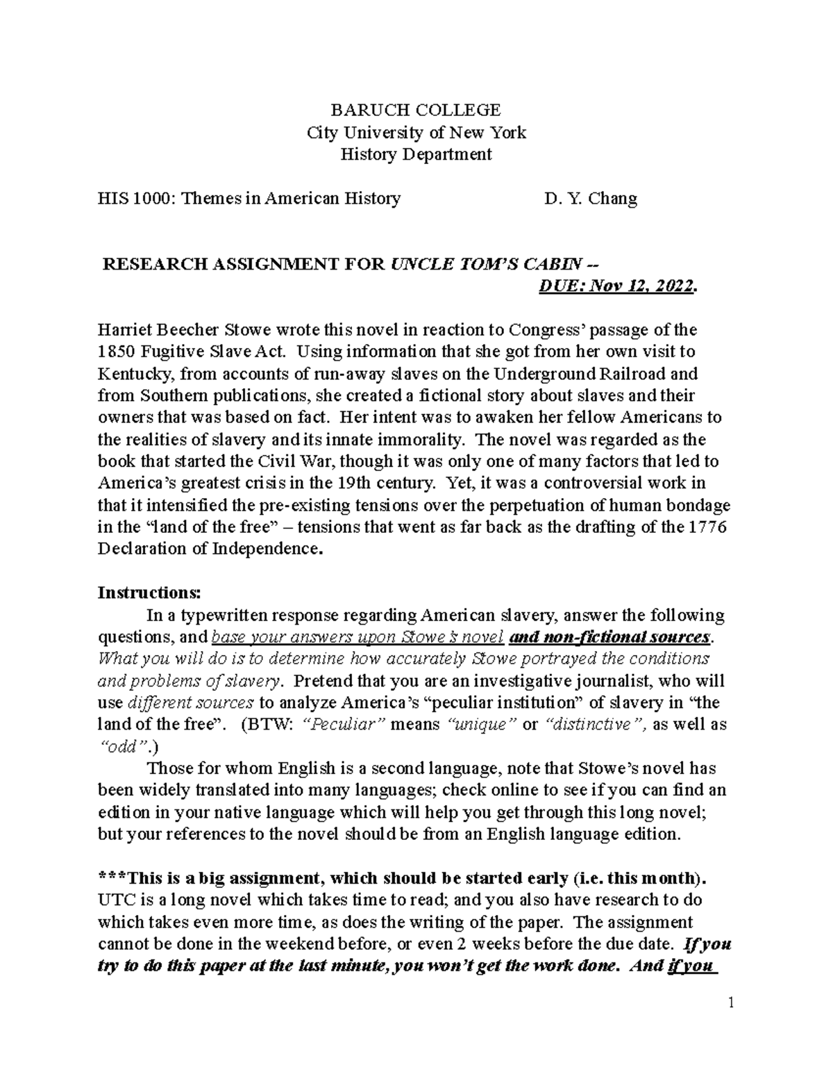 HIS 1000, Revised UTC assignment, FALL 2022 - BARUCH COLLEGE City ...