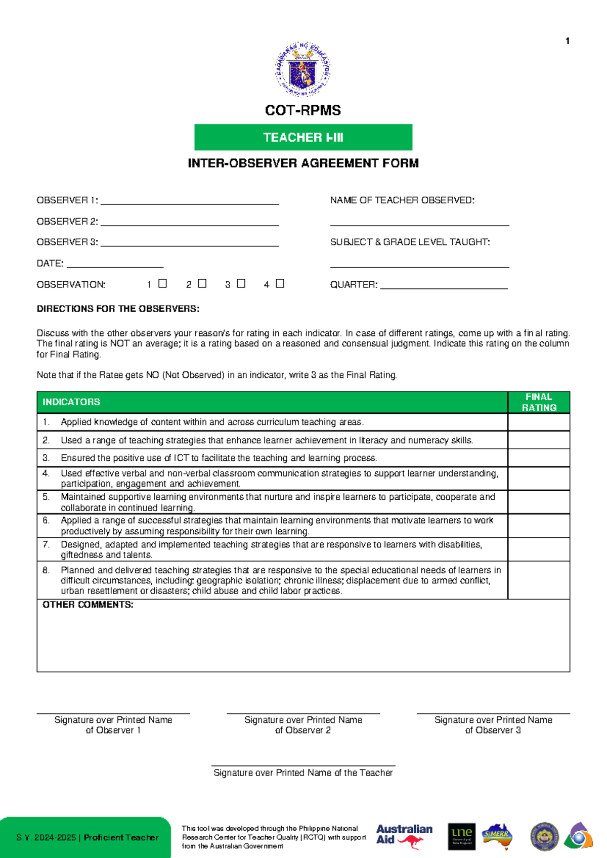-Appendix C-11- COT-RPMS Inter-observer Agreement Form for T I-III for ...