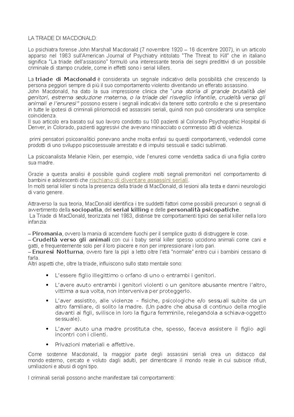 La triade di Macdonald - LA TRIADE DI MACDONALD: Lo psichiatra forense ...