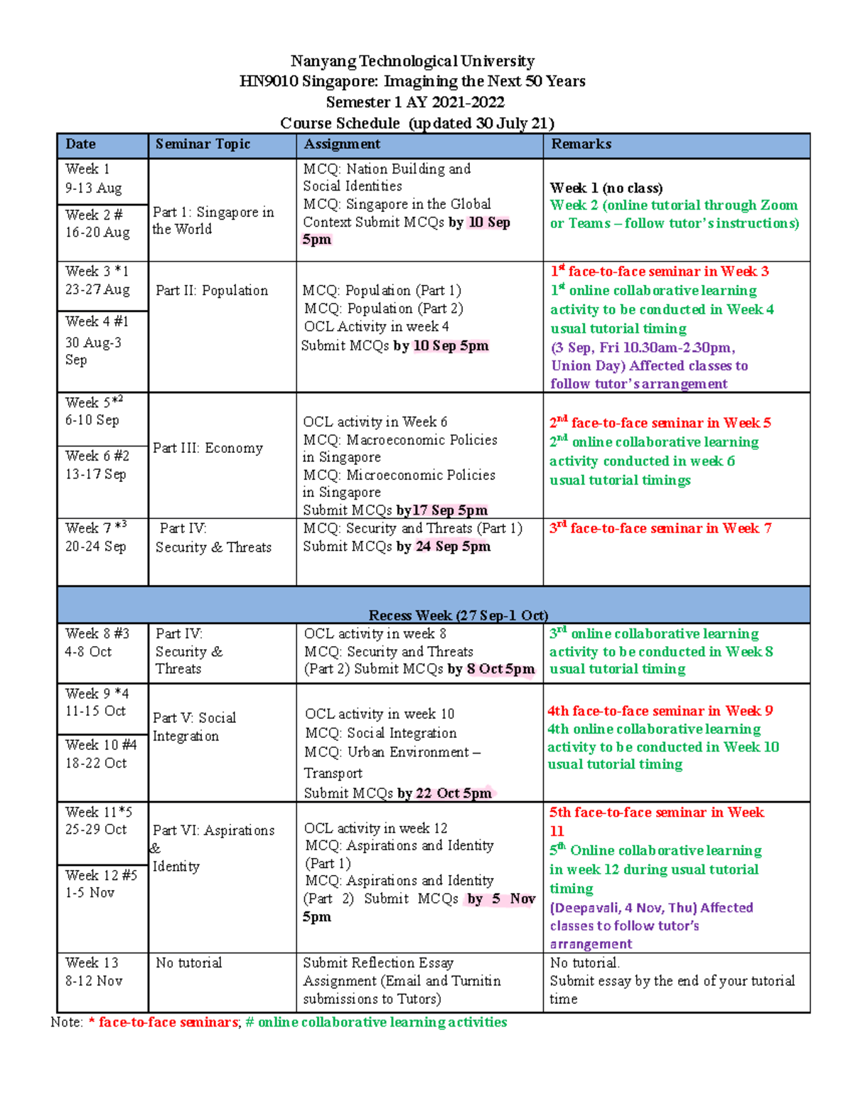 HN9010 Schedule Sem1 AY2021-2022 datelines - Nanyang Technological ...
