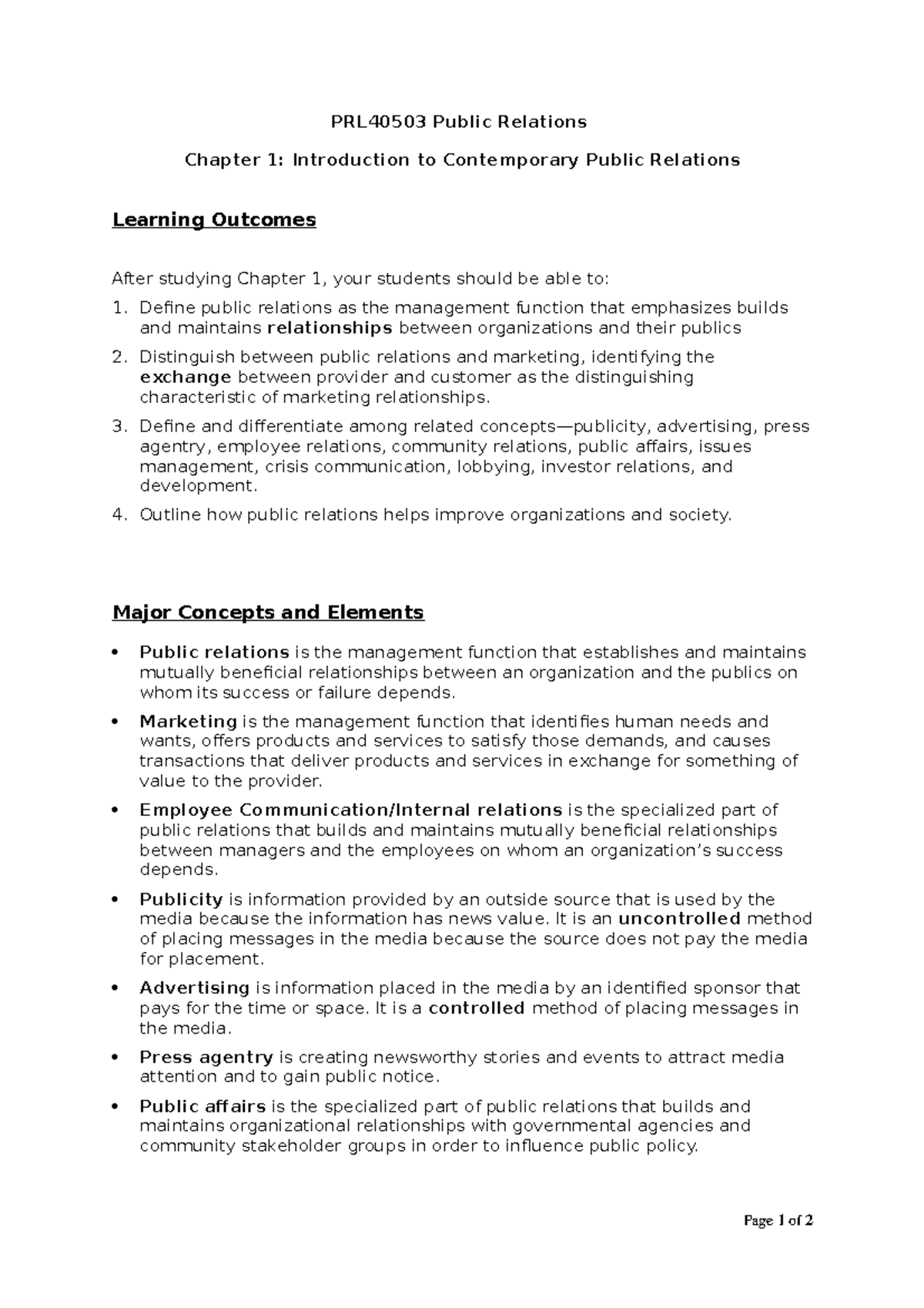 PR Ch01 Notes - PRL40503 Public Relations Chapter 1: Introduction to ...