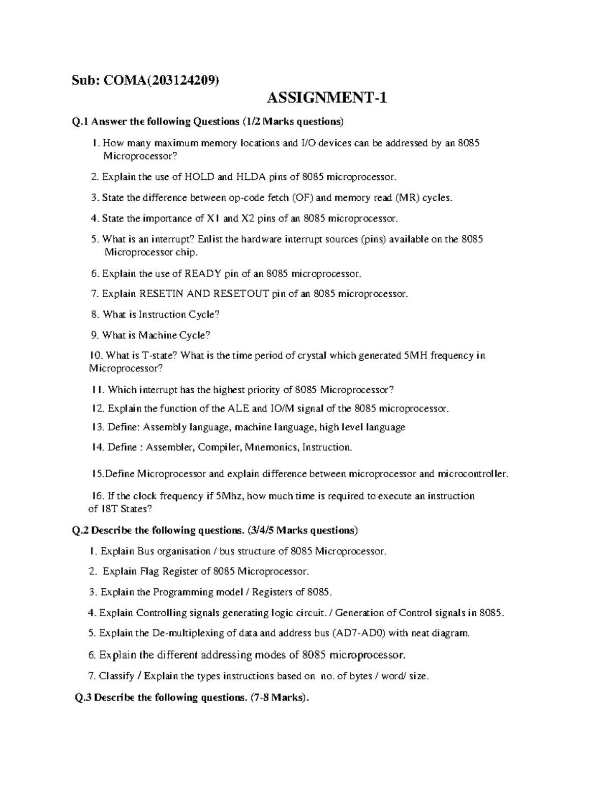 Question Bank COMA - notes - Sub: COMA(203124209) ASSIGNMENT- Q Answer ...