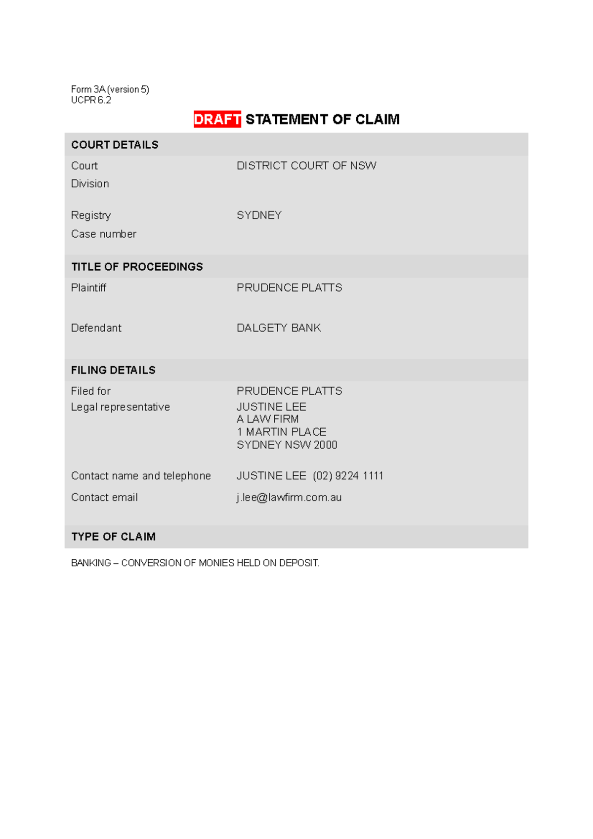 Tutorial 3 - Platts v Dalgety Bank - Statement of Claim Draft - Form 3A ...