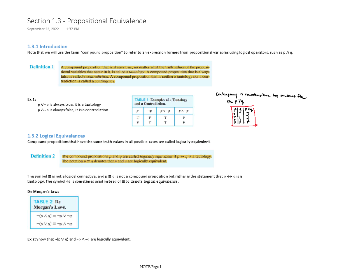 Section 1.3 - Propositional Equivalence - 1.3 Introduction Note that we will use the term ...