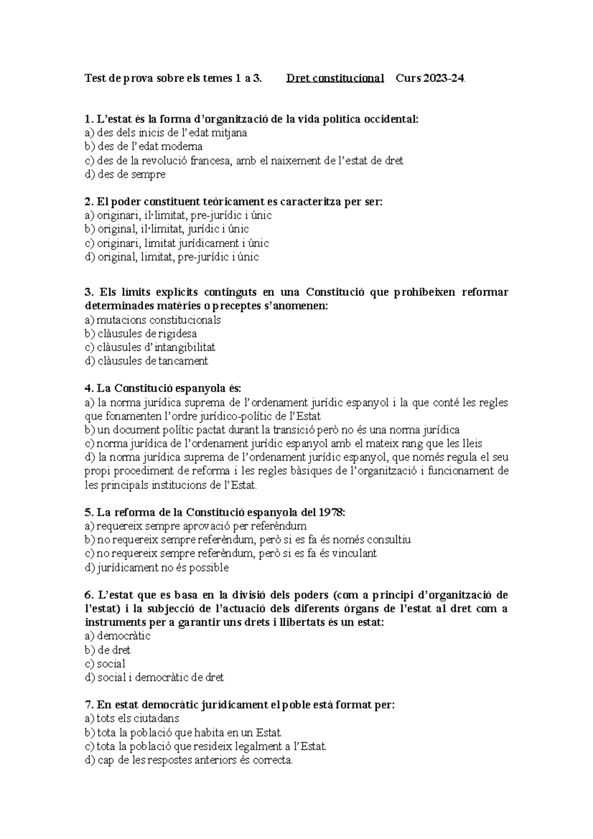 20 preguntes Test de prova sobre els temes 1 a 3-3 - Test de prova ...