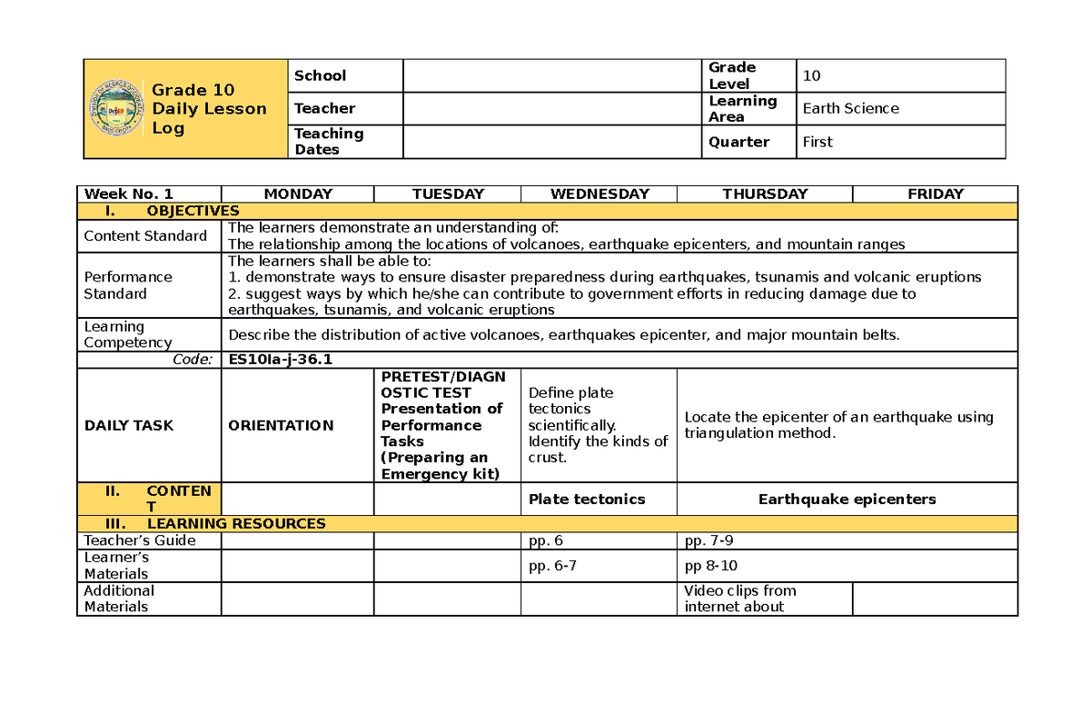 G10-week-1 - Grade 10 SCIENCE 1ST WEEK - Grade 10 Daily Lesson Log ...