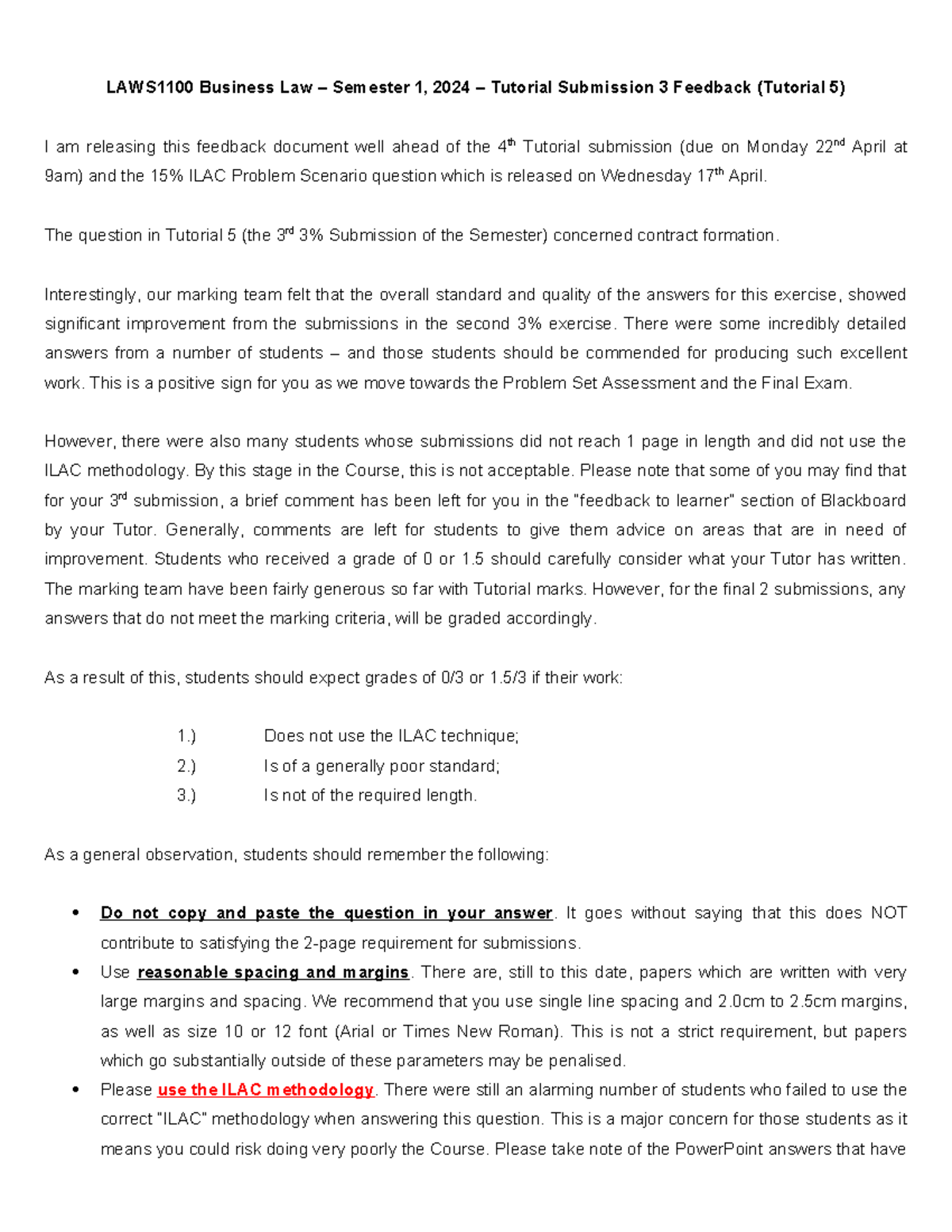 LAWS1100 Tutorial Submission 3 - Feedback - LAWS1100 Business Law ...