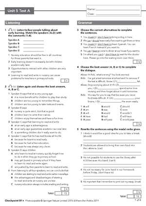 Checkpoint B1+ Unit Tests Answer Key - UNIT 1 A 1 Speaker A 2 Speaker B ...