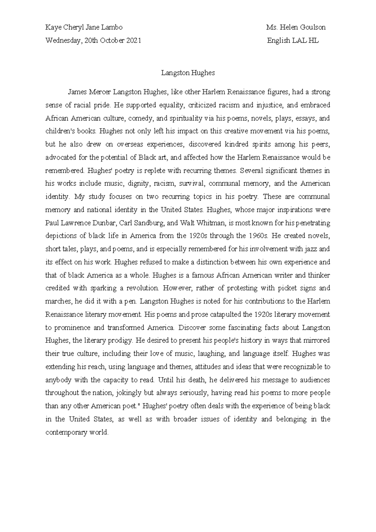 Langston Hughes - He supported equality, criticized racism and ...