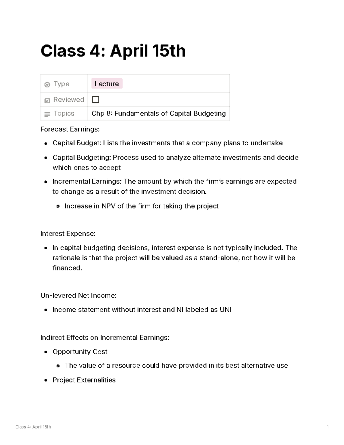 Chapter 8 Fundamentals of Cap Budgeting - Class 4: April 15th Type ...