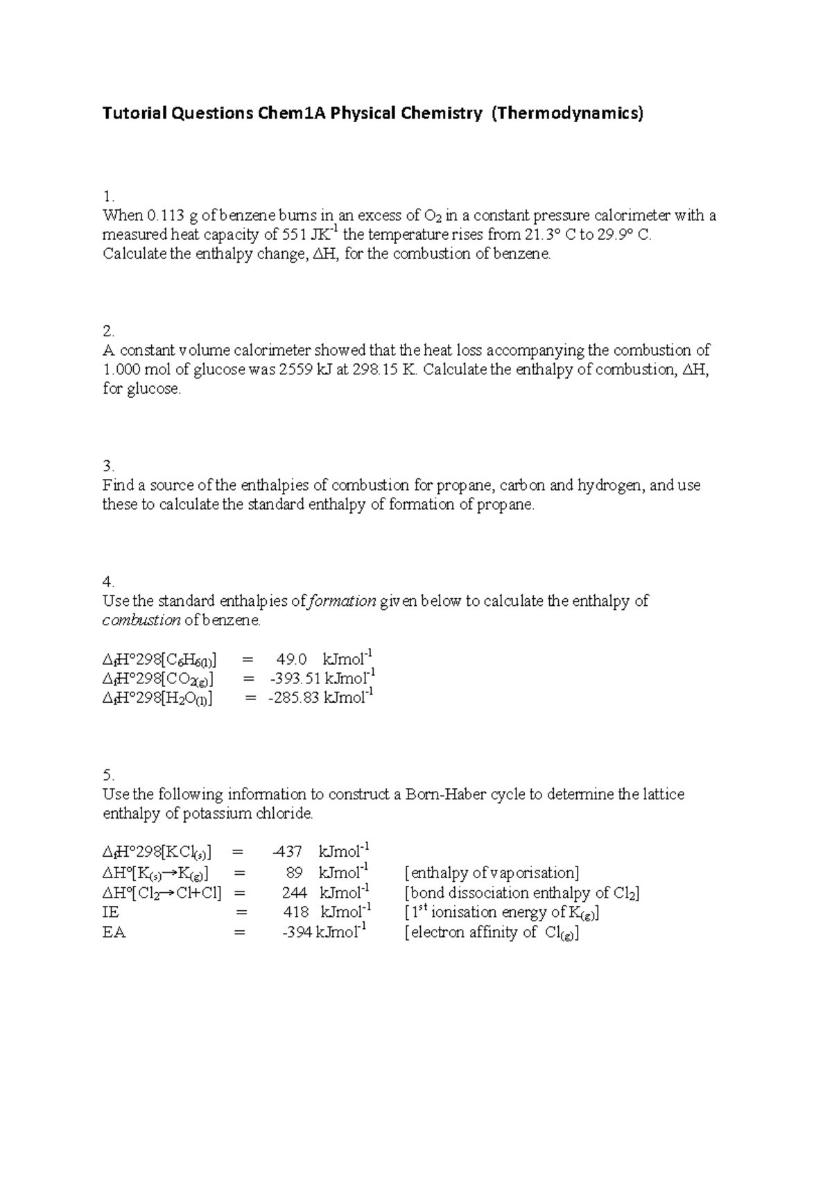 Tutorial 5 Thermo - Tutorial Questions Chem1A Physical Chemistry ...