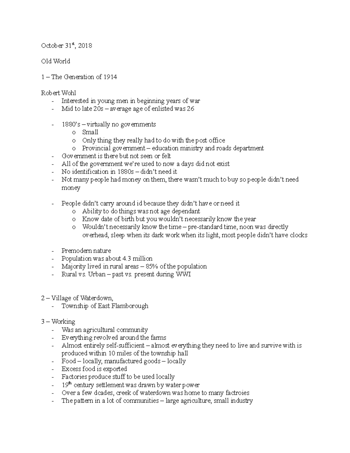 History 1810E - The First World War 6.2 Lecture Notes- 2018 - October ...