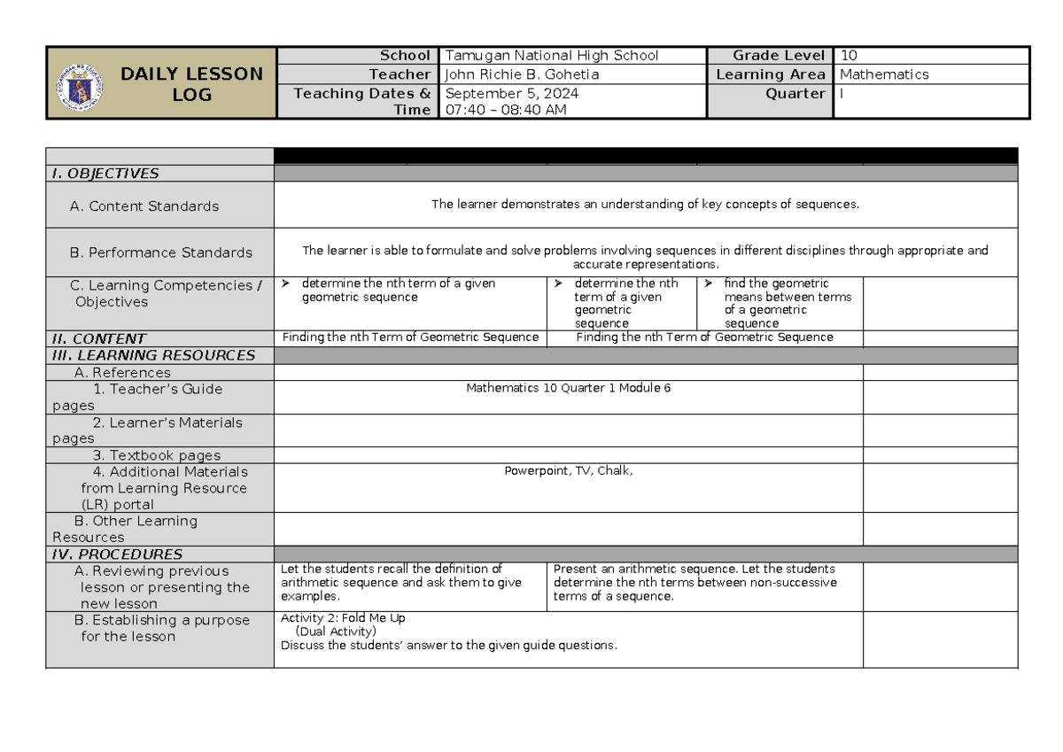 Grade 10 DLP Q1 M5 - DAILY LESSON LOG School Tamugan National High ...