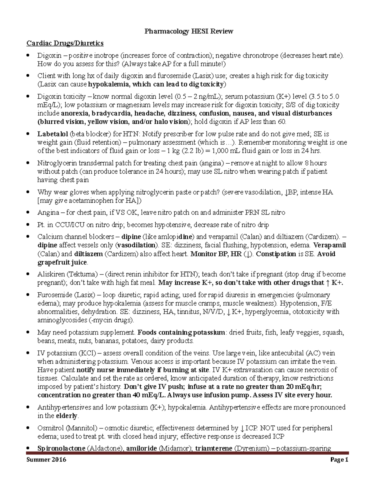 Pharm HESI Bible - Pharmacology HESI Review Cardiac Drugs/Diuretics ...