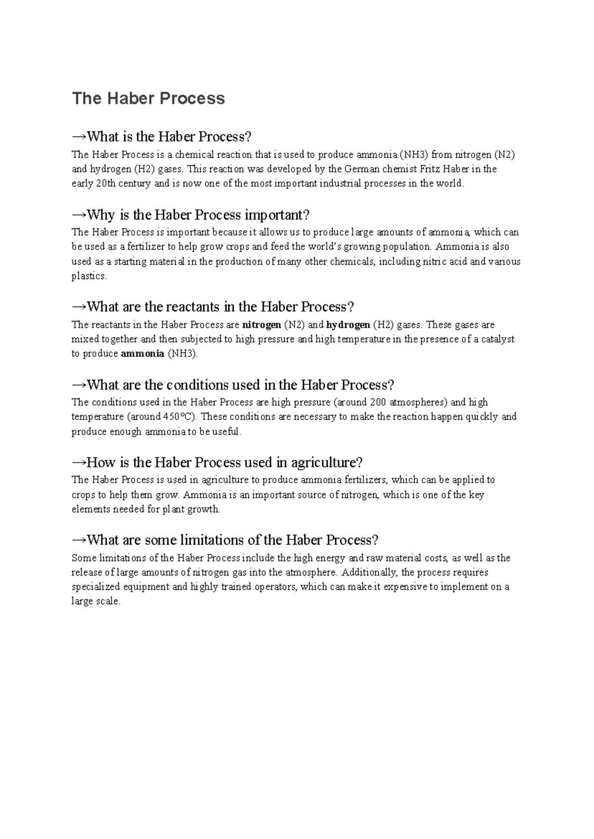 The Haber Process - notes - The Haber Process →What is the Haber ...