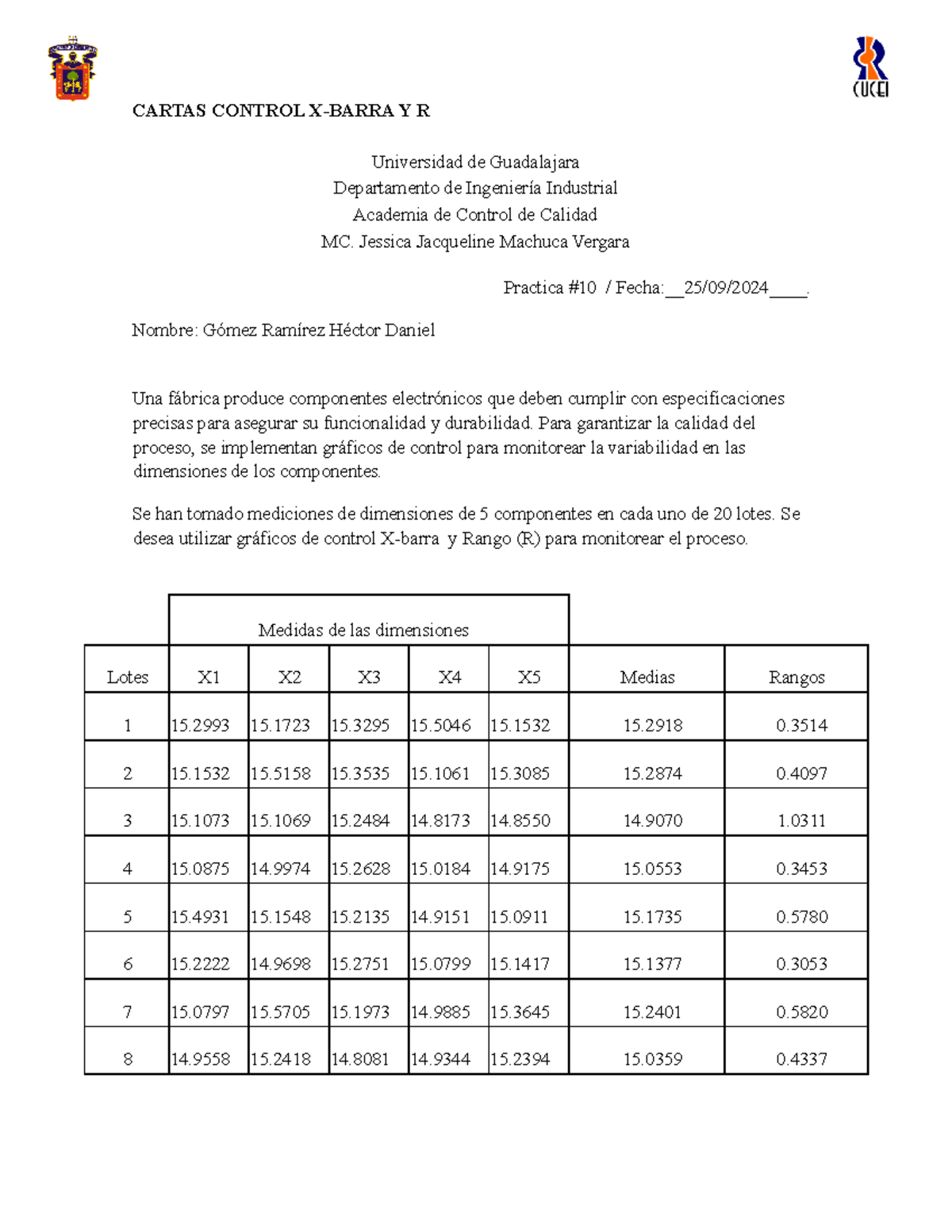 Practica 10 HDGR - Tarea - CARTAS CONTROL X-BARRA Y R Universidad de ...