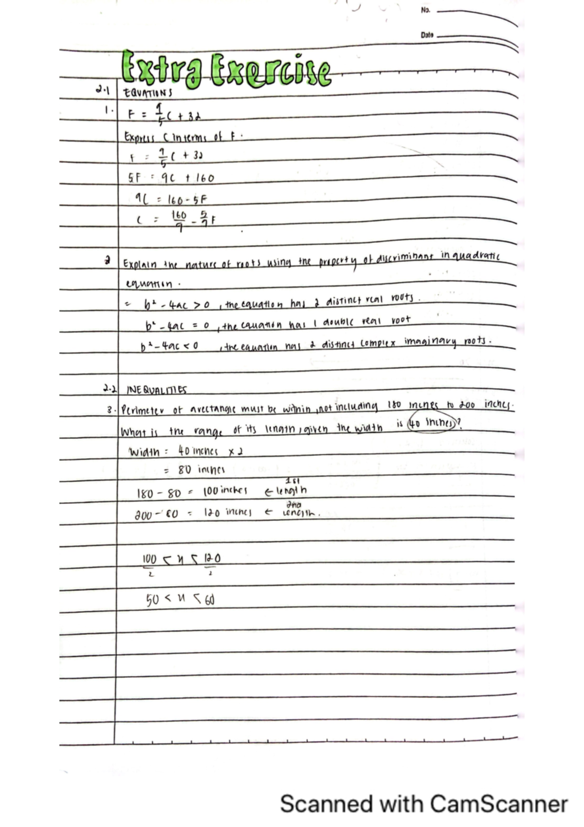Learning Unit 2 MATHEMATICS Extra Exercise Sem 1 - No. Date Extra ...