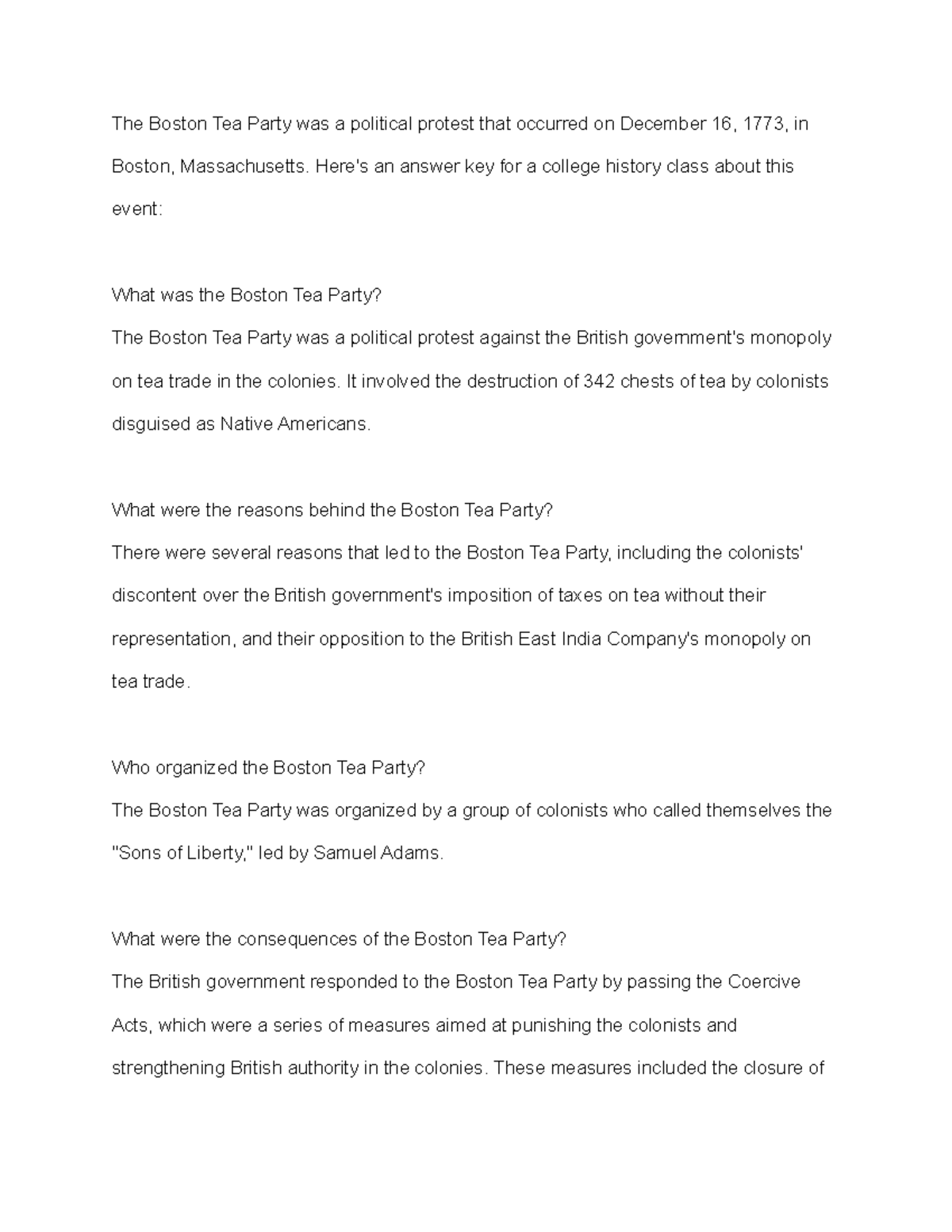 Answer Key About Boston Tea Party The Boston Tea Party Was A