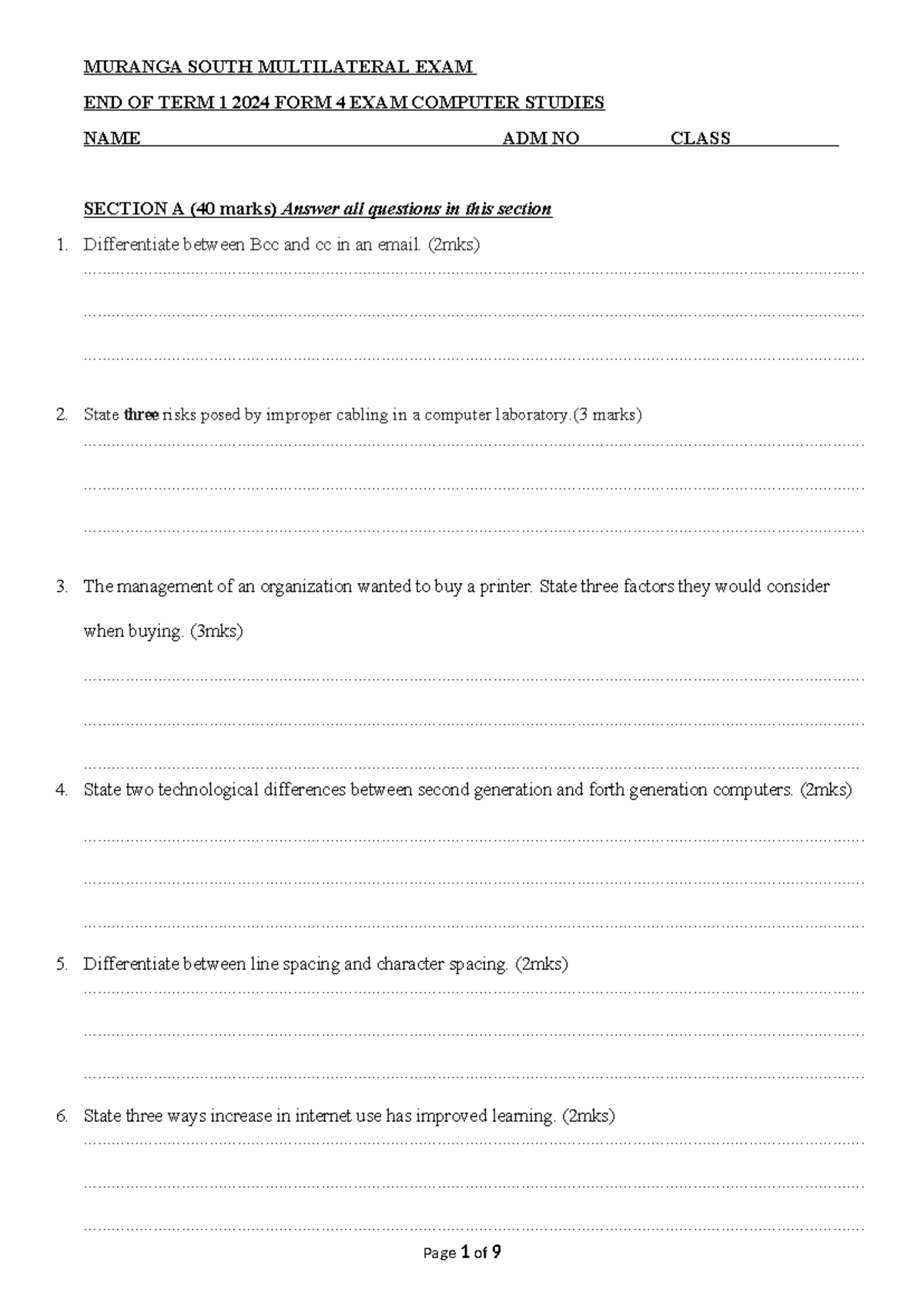 Computer Studies F4T1 PP1 2024 QS - MURANGA SOUTH MULTILATERAL EXAM END ...