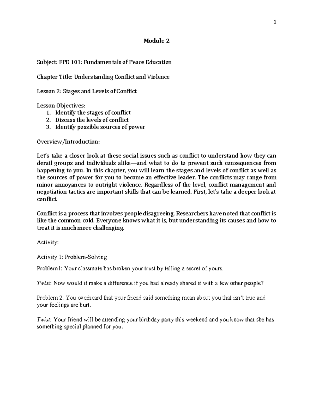 Module 2 Lesson 2 (Stages and Levels of Conflict) - Module 2 Subject ...