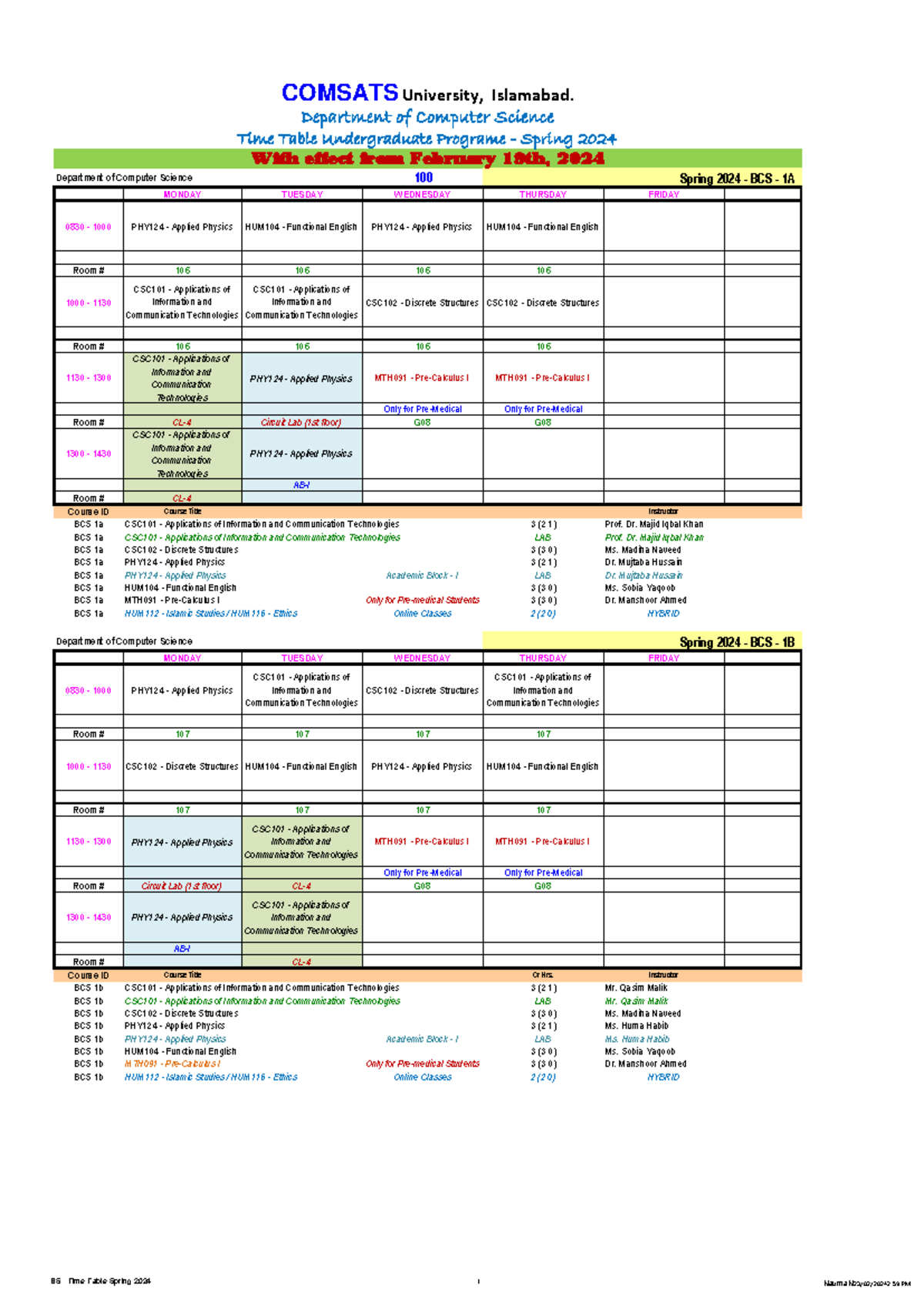 Time Table - Computer Science - Spring 2024 (w. e. f. Monday, Fabruay 26, 2024) - Department of ...