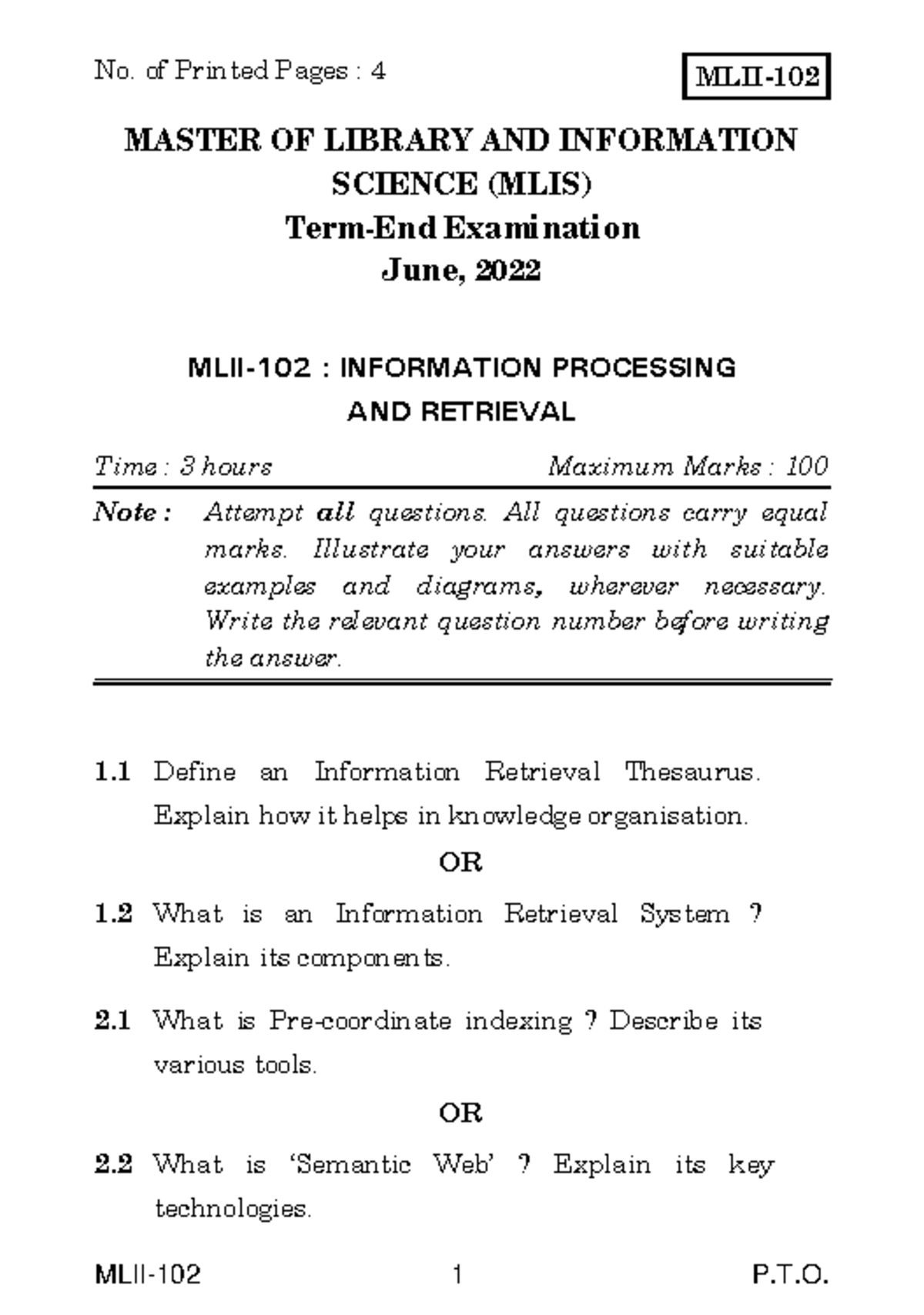 MLII-102 - T. MLII- MASTER OF LIBRARY AND INFORMATION SCIENCE (MLIS) Term-End Examination June ...