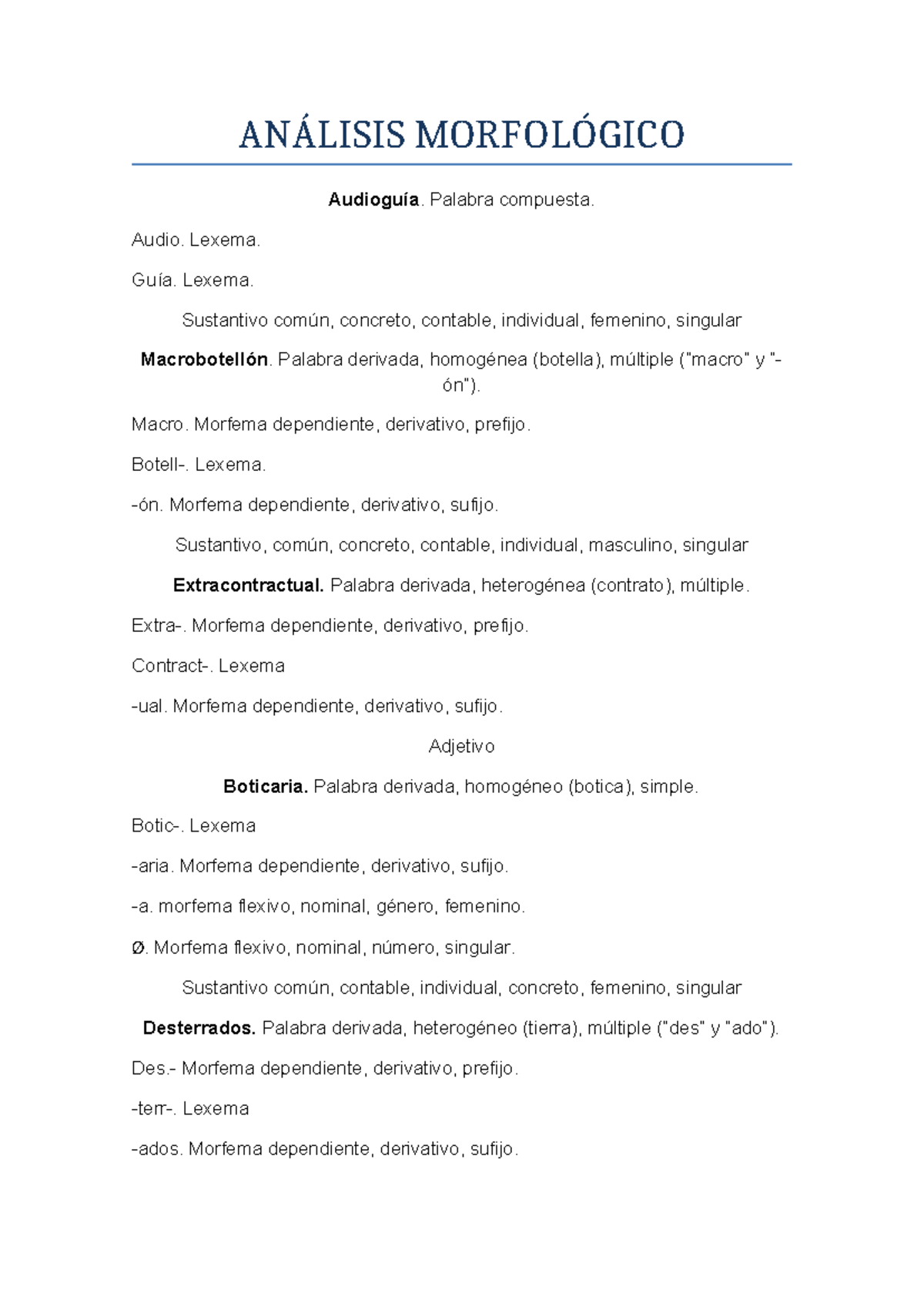 Analisis Morfologico 1 BACH - ANÁLISIS MORFOLÓGICO Audioguía. Palabra ...