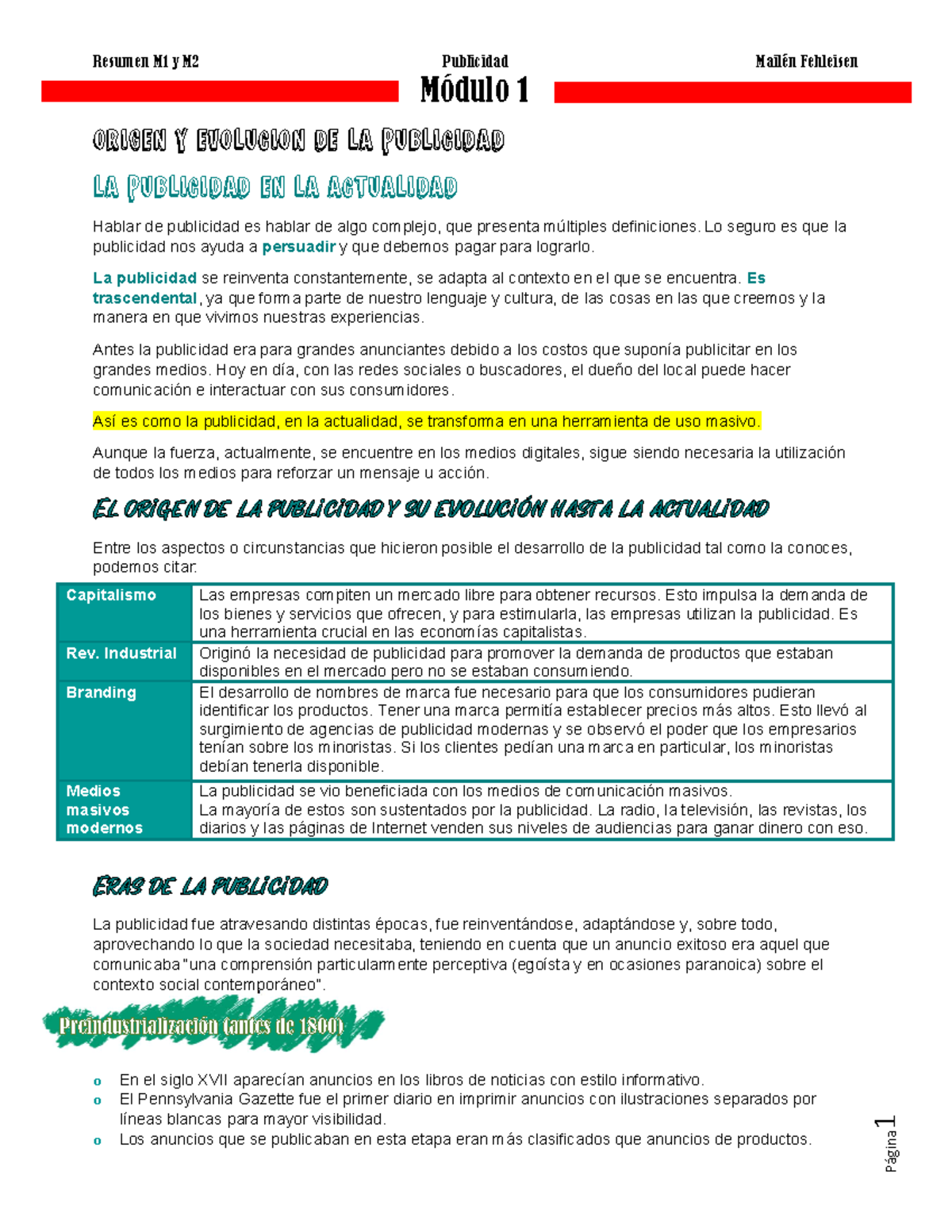 Resumen Publicidad M1 y M2 Mai Fehleisen - 1 Módulo 1 Origen y evolucion de la publicidad La ...