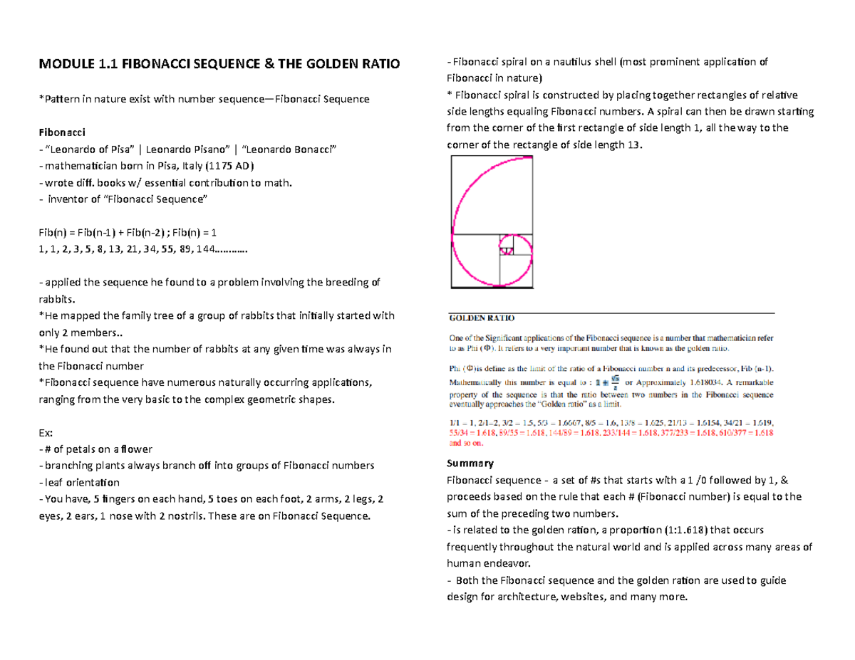 Math - Lecture notes 1 - MODULE 1 FIBONACCI SEQUENCE & THE GOLDEN RATIO ...