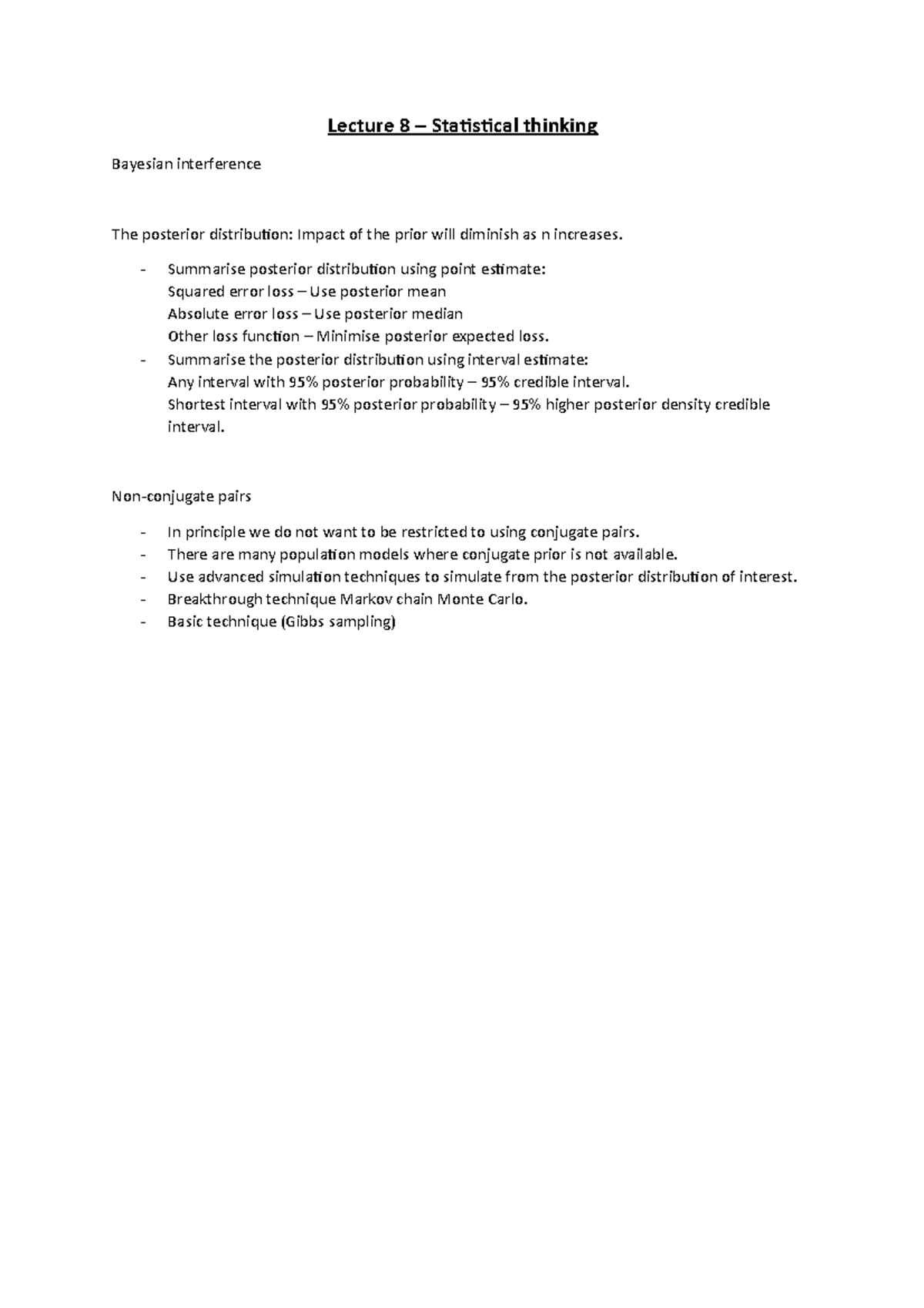 Lecture 8 Statistical Thinking Lecture 8 Statistical Thinking Bayesian Interference The