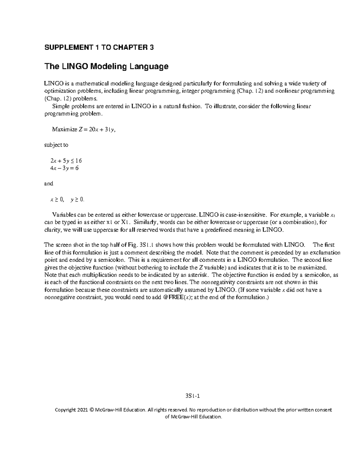 Hillier IOR 11e Chap003 Supplement 1 Lingo - 3S1- 1 Copyright 2021 © McGraw-Hill Education. All ...