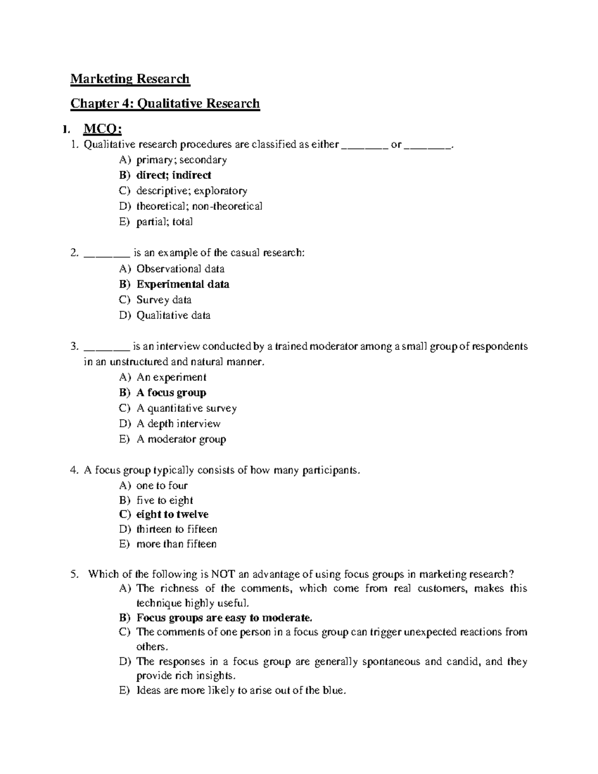 MR (chapter 4) - test bank - Marketing Research Chapter 4: Qualitative ...