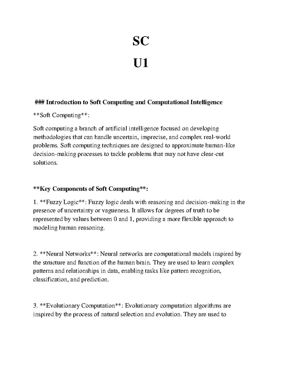 SC unit1 lecture - SC U Introduction to Soft Computing and Computational Intelligence Soft - Studocu