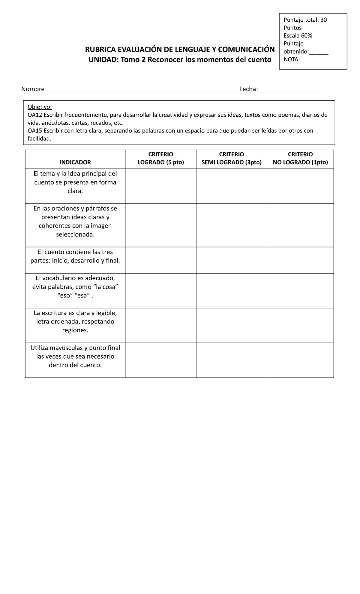 Rubrica escritura de texto - RUBRICA EVALUACIÓN DE LENGUAJE Y ...