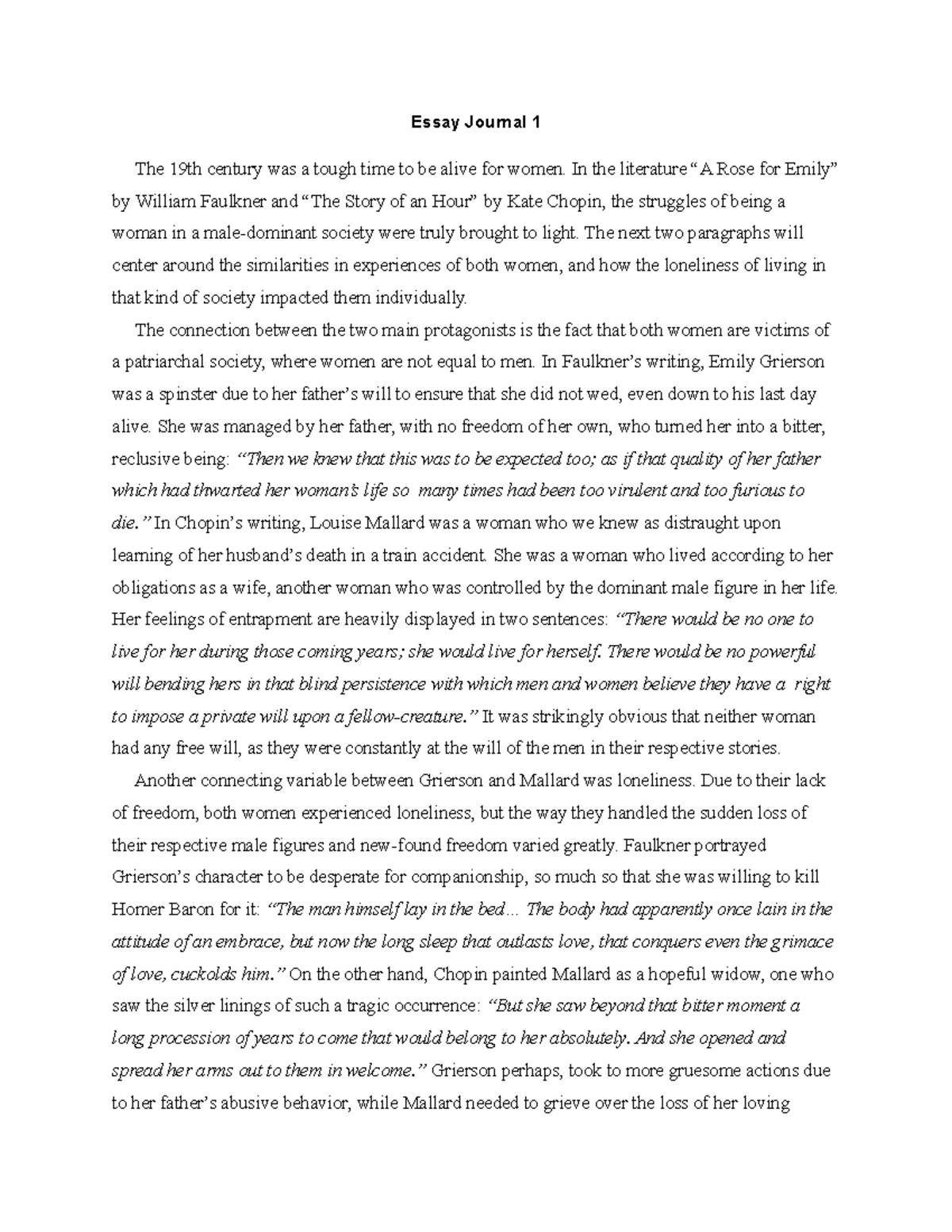 Essay Journal 1 - In the literature “A Rose for Emily” by William ...