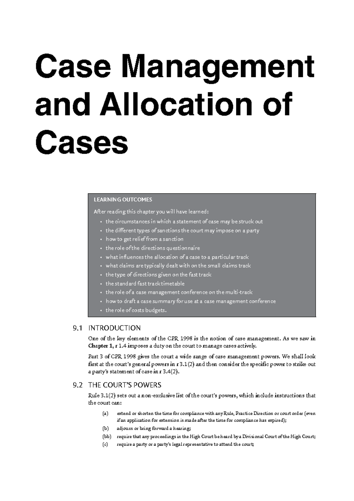 Case Management and Allocation of Cases - As we saw in Chapter 1, r 1 ...