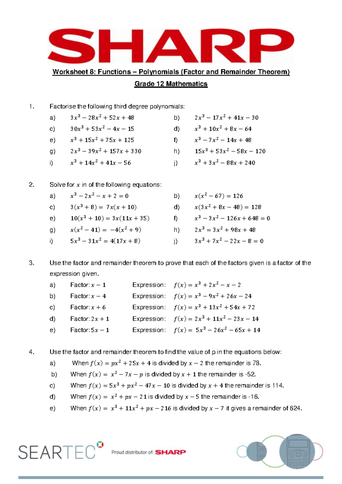 Worksheet 8 Polynomials - factor and remainder theorem grade 12 maths ...