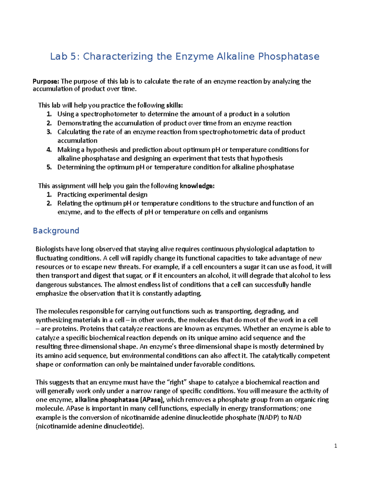 Lab 5 - Enzyme Experiment Spring 2023 (3) - Lab 5: Characterizing the ...