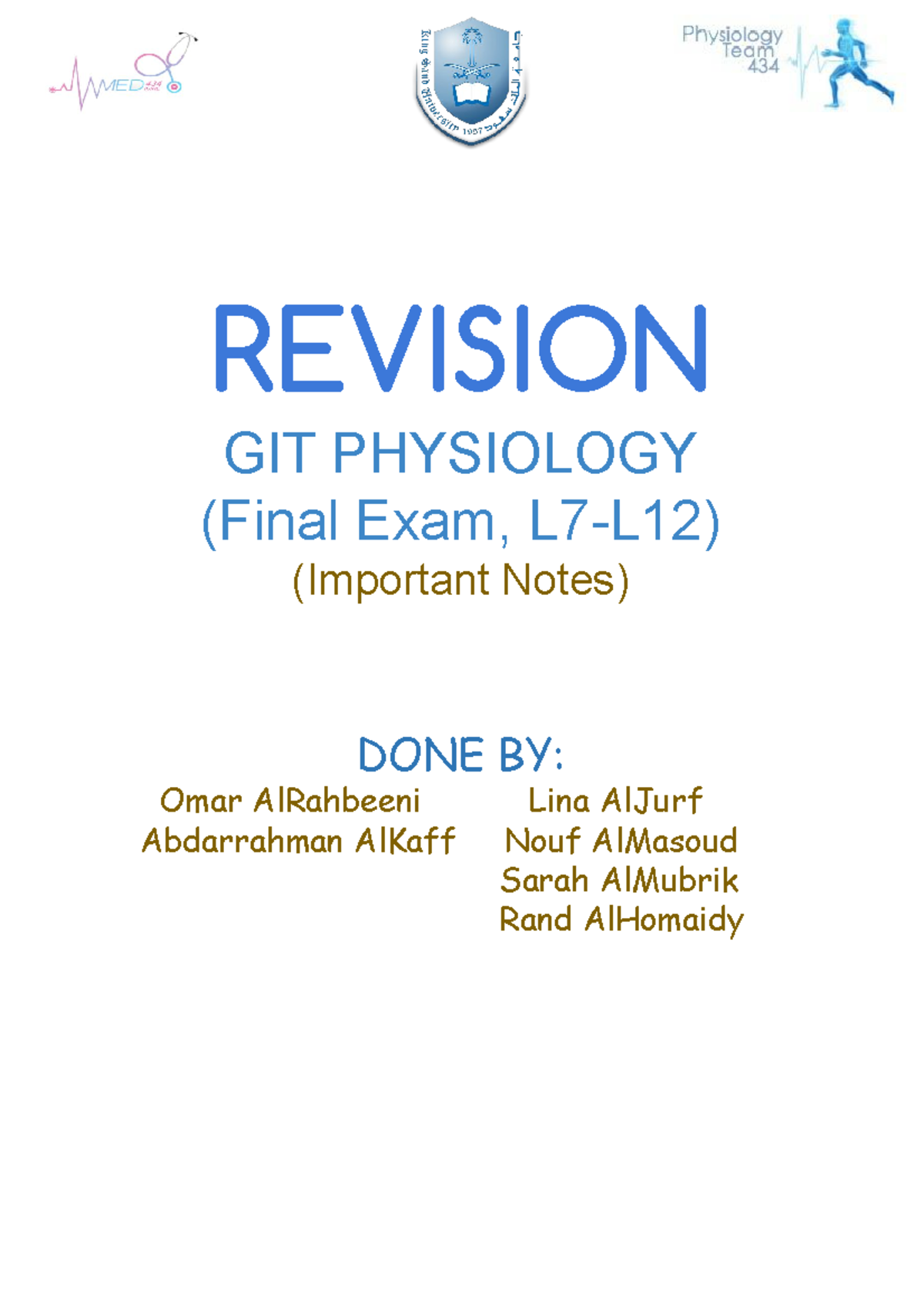 Physiology Revision of GIT (Final) - REVISION GIT PHYSIOLOGY (Final Exam, L7 L12) (Important ...