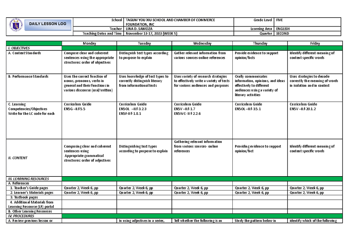 Scribd - dll - DAILY LESSON LOG School TAGUM YOU XIU SCHOOL AND CHAMBER ...