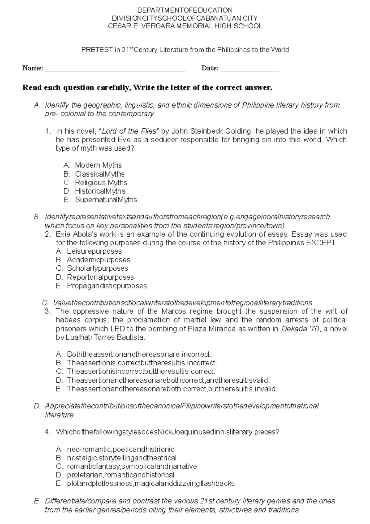 Pre test world literature - DEPARTMENTOFEDUCATION ...