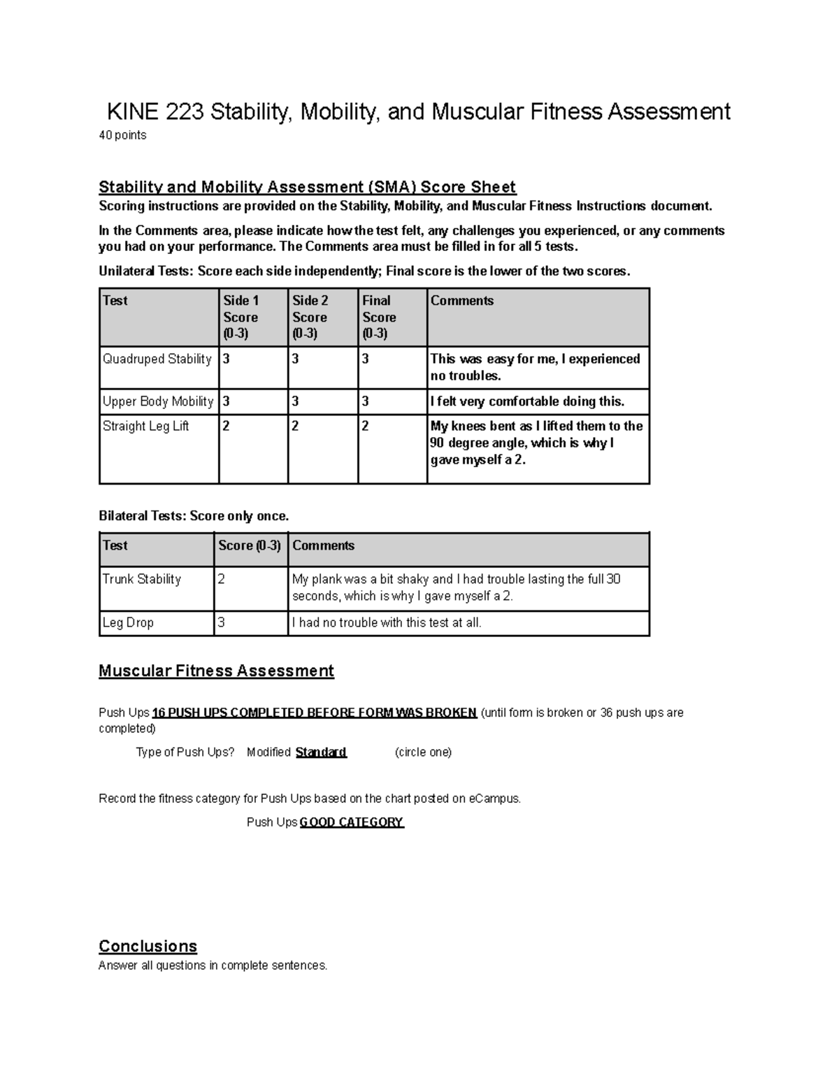 KINE 223 Stability, Mobility, and Muscular Fitness Assessment - In the ...