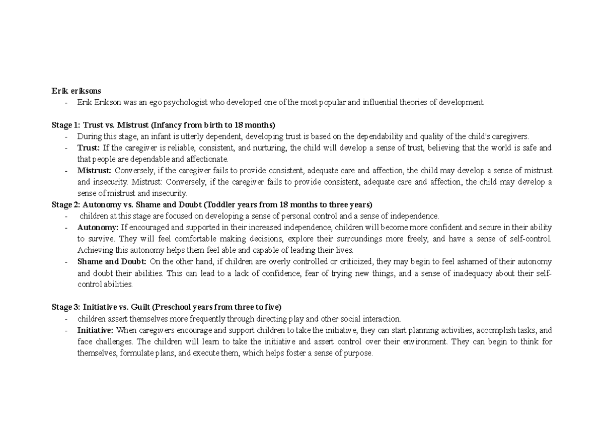Erikson Theory Behavior Erikson's Stages - PSYCH-MENTAL HEALTH NP
