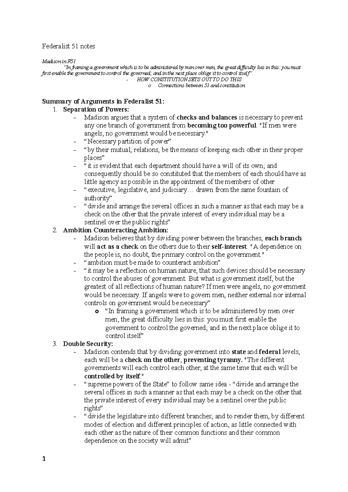 F51 Notes - US F51 summary - Federalist 51 notes Madison in F “In ...