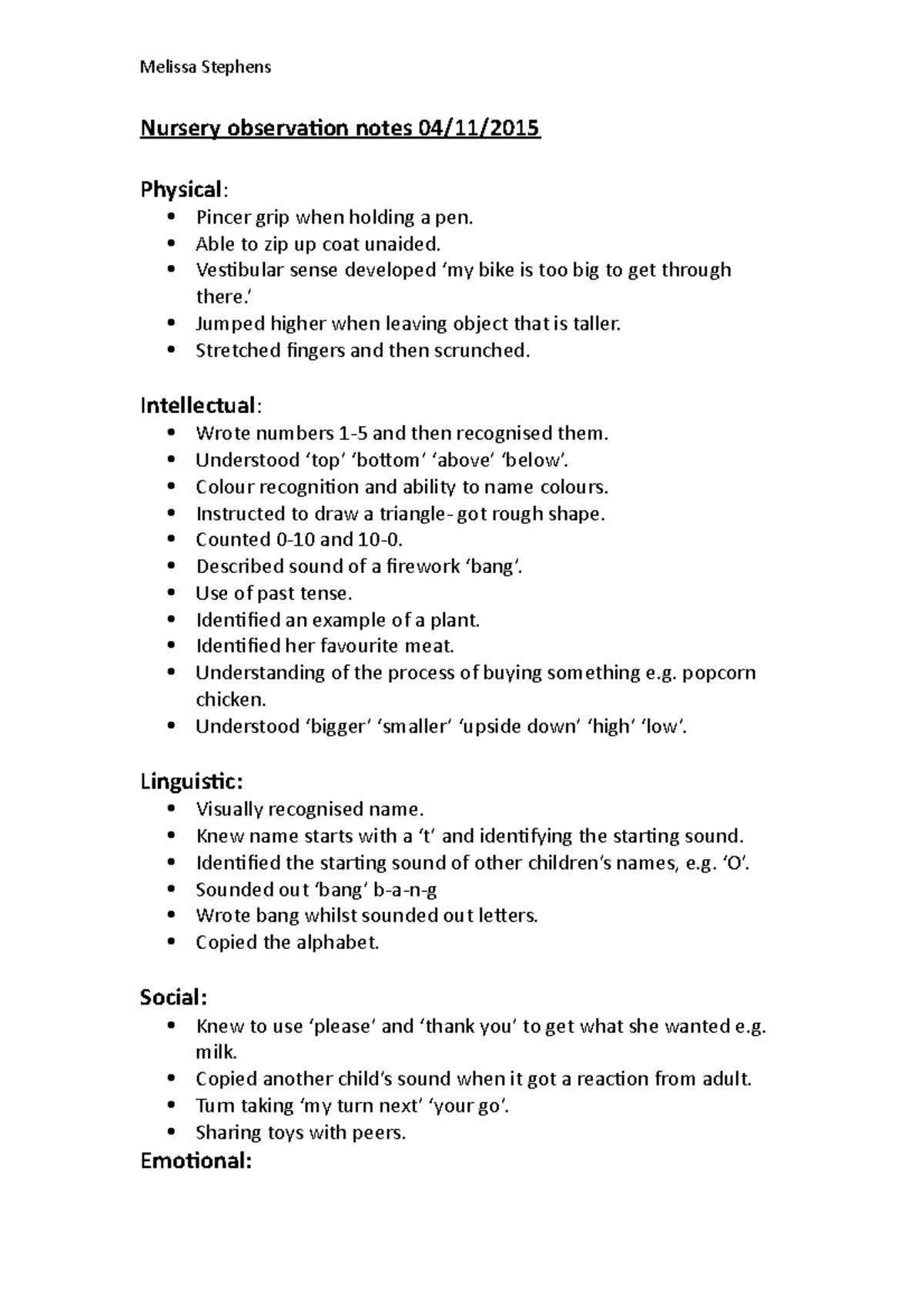 Nursery observation notes - Melissa Stephens Nursery observation notes ...
