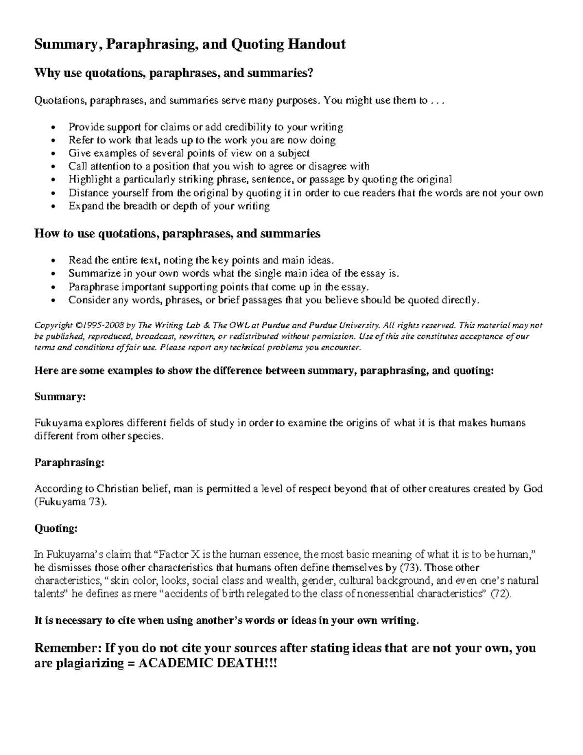 Summary paraphrasing quoting - Summary, Paraphrasing, and Quoting ...