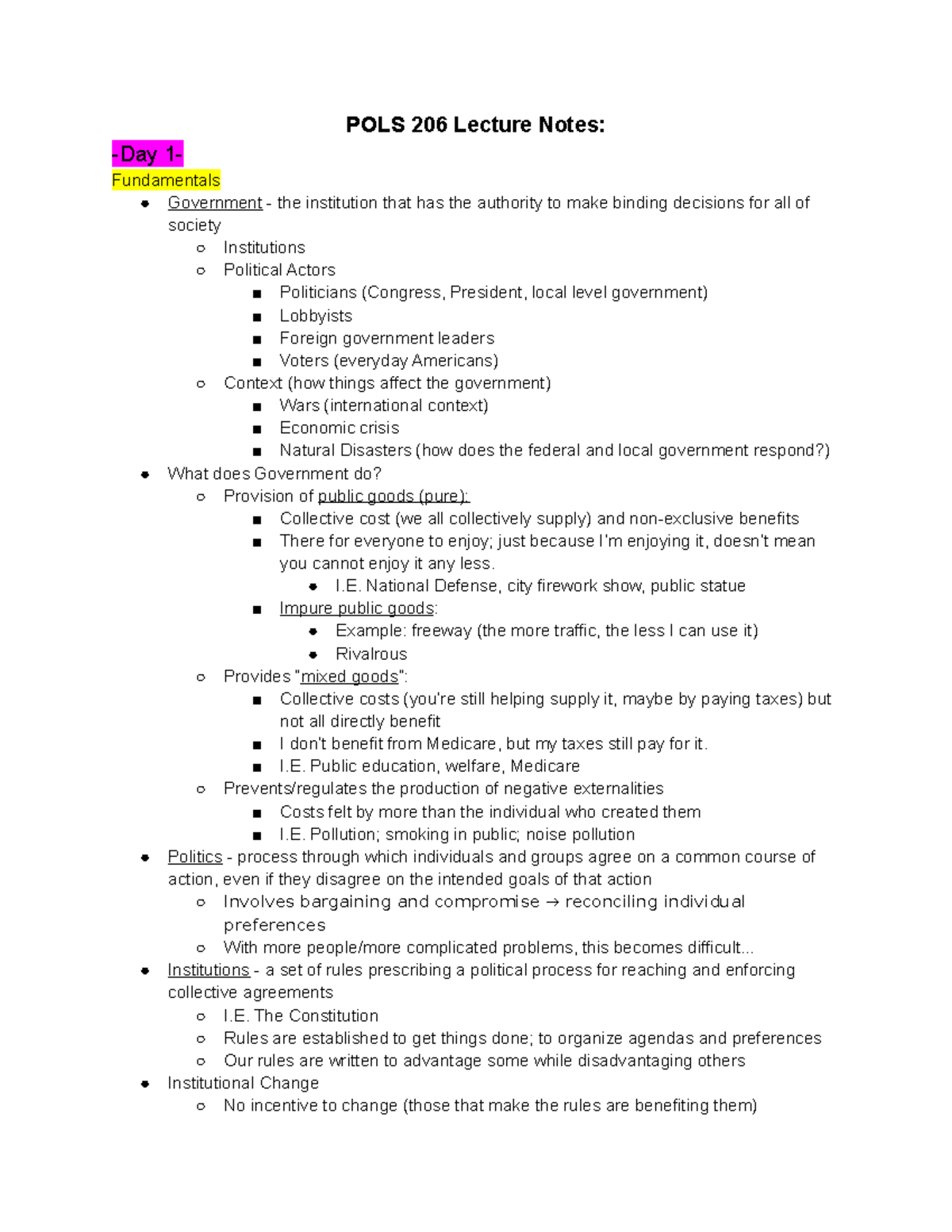 POLS 206 Lecture Notes - POLS 206 Lecture Notes: -Day 1- Fundamentals ...